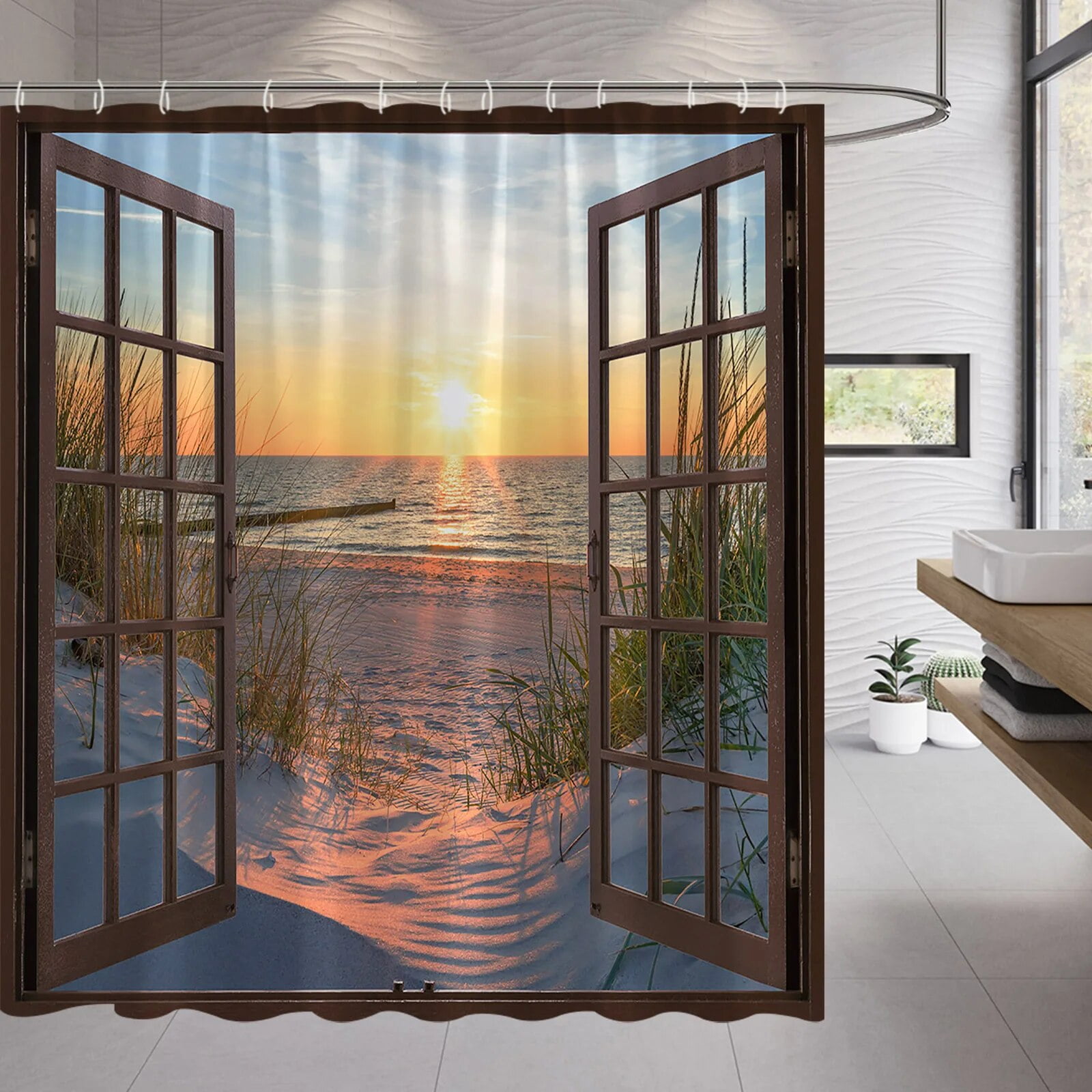 Waterfall Shower Curtain Brown Wooden Window Tropical Rain Forest ...
