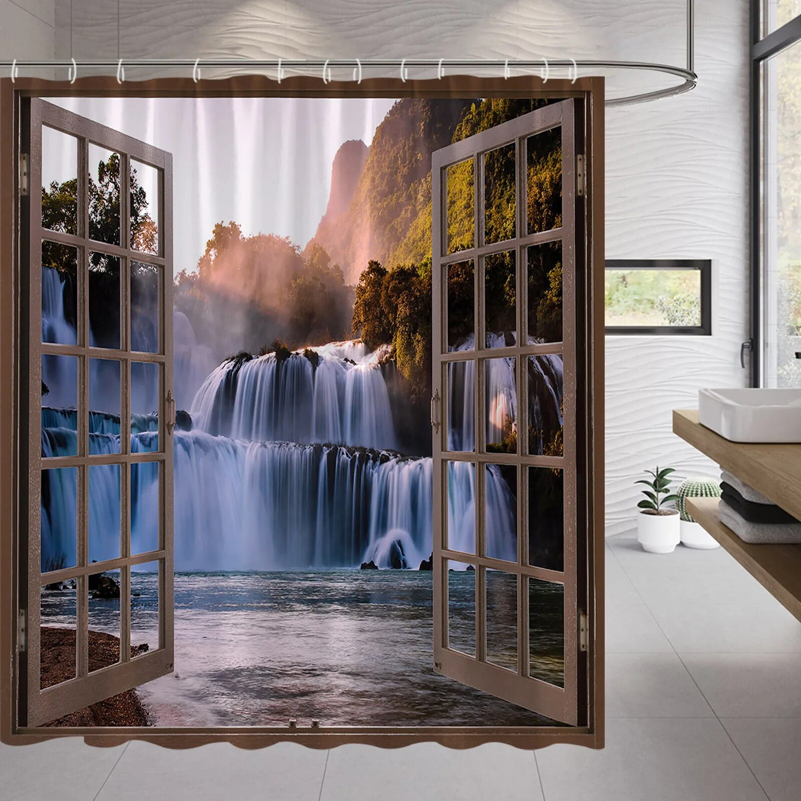 Waterfall Shower Curtain Brown Wooden Window Tropical Rain Forest ...