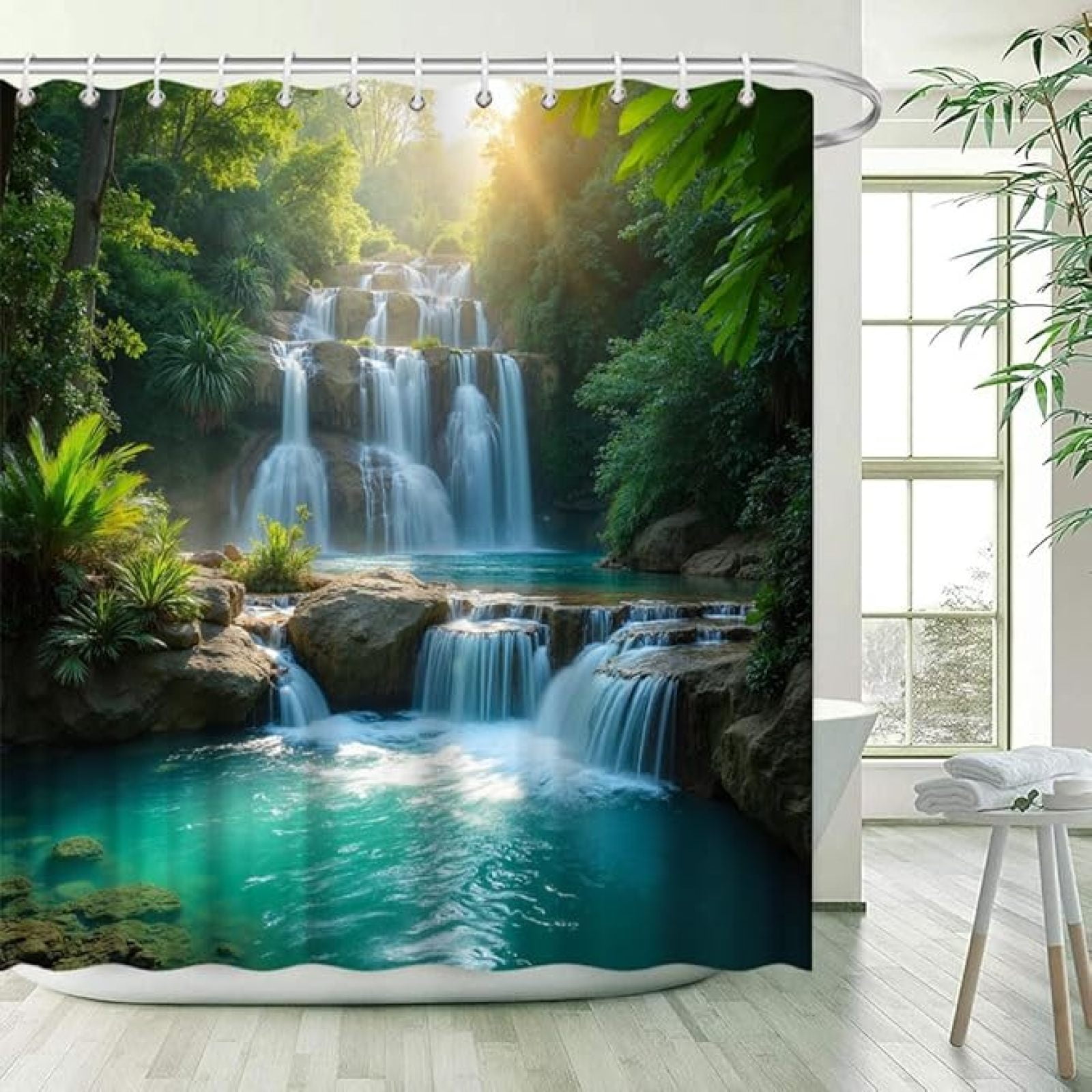 Waterfall Shower Curtain Garden Natural Scenery Green Cool Forest Tree ...