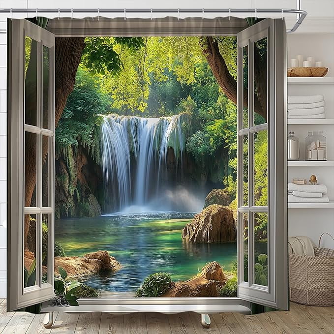 Waterfall Shower Curtain Green Forest Nature Tree Jungle Lake 3D Window ...