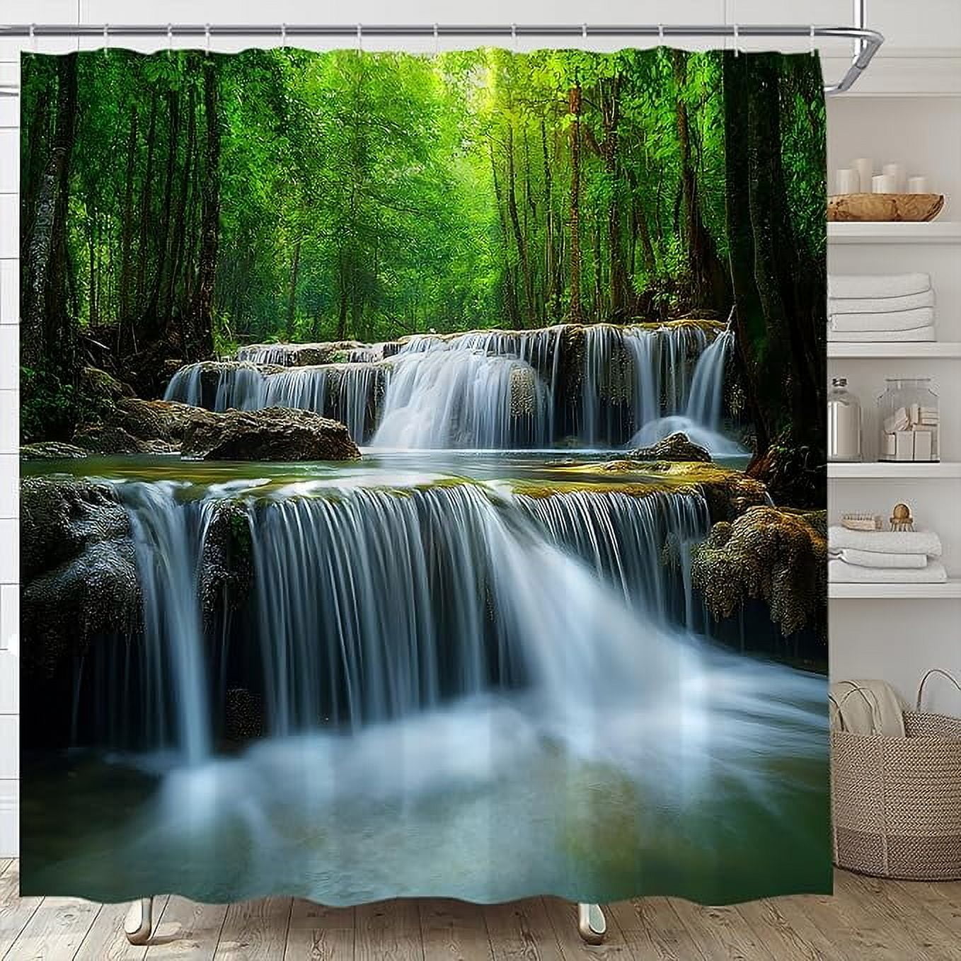 Waterfall Shower Curtain Green Tree Forest Waterfall Nature Scenery ...