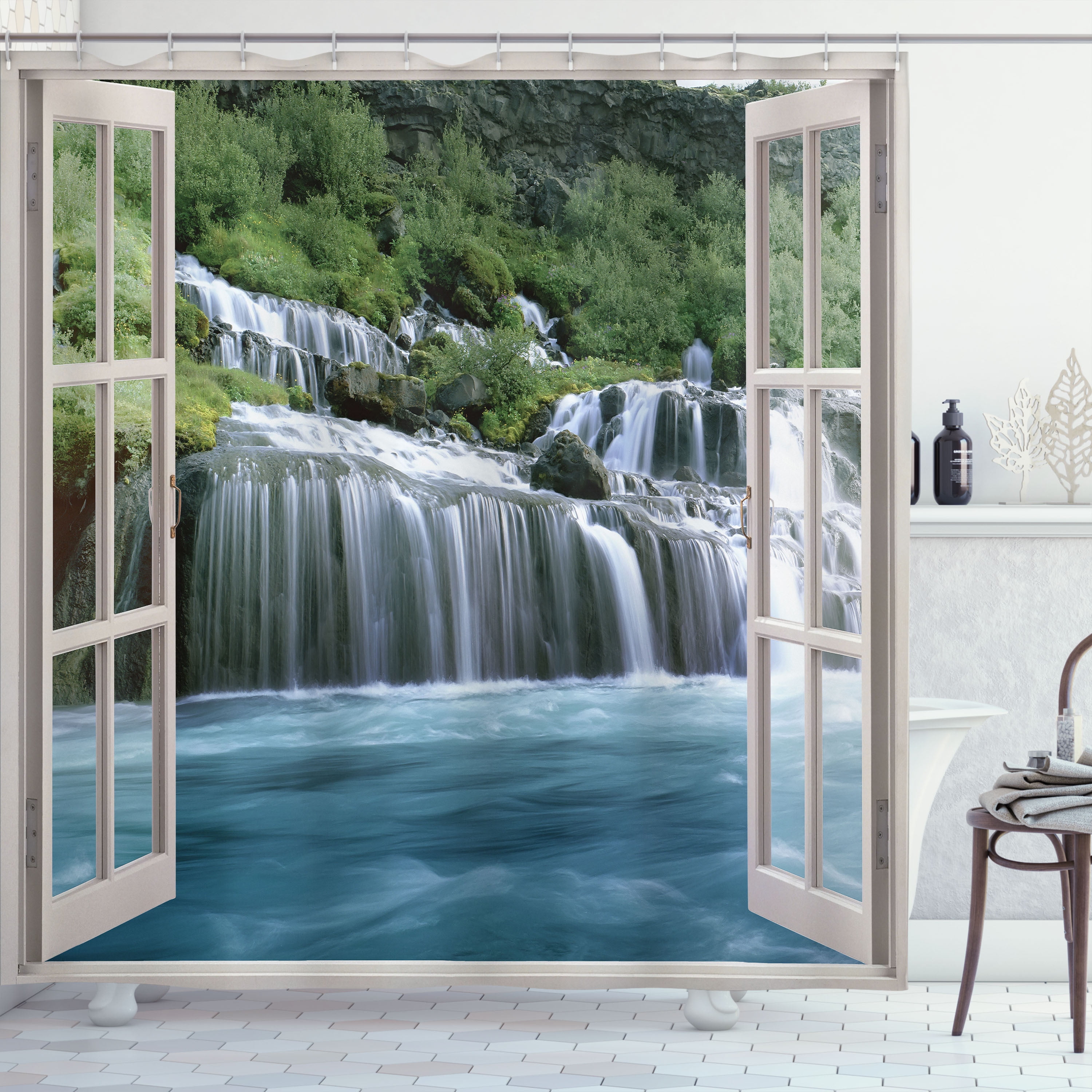 Waterfall Shower Curtain, Majestic Waterfall Landscape through A Window ...