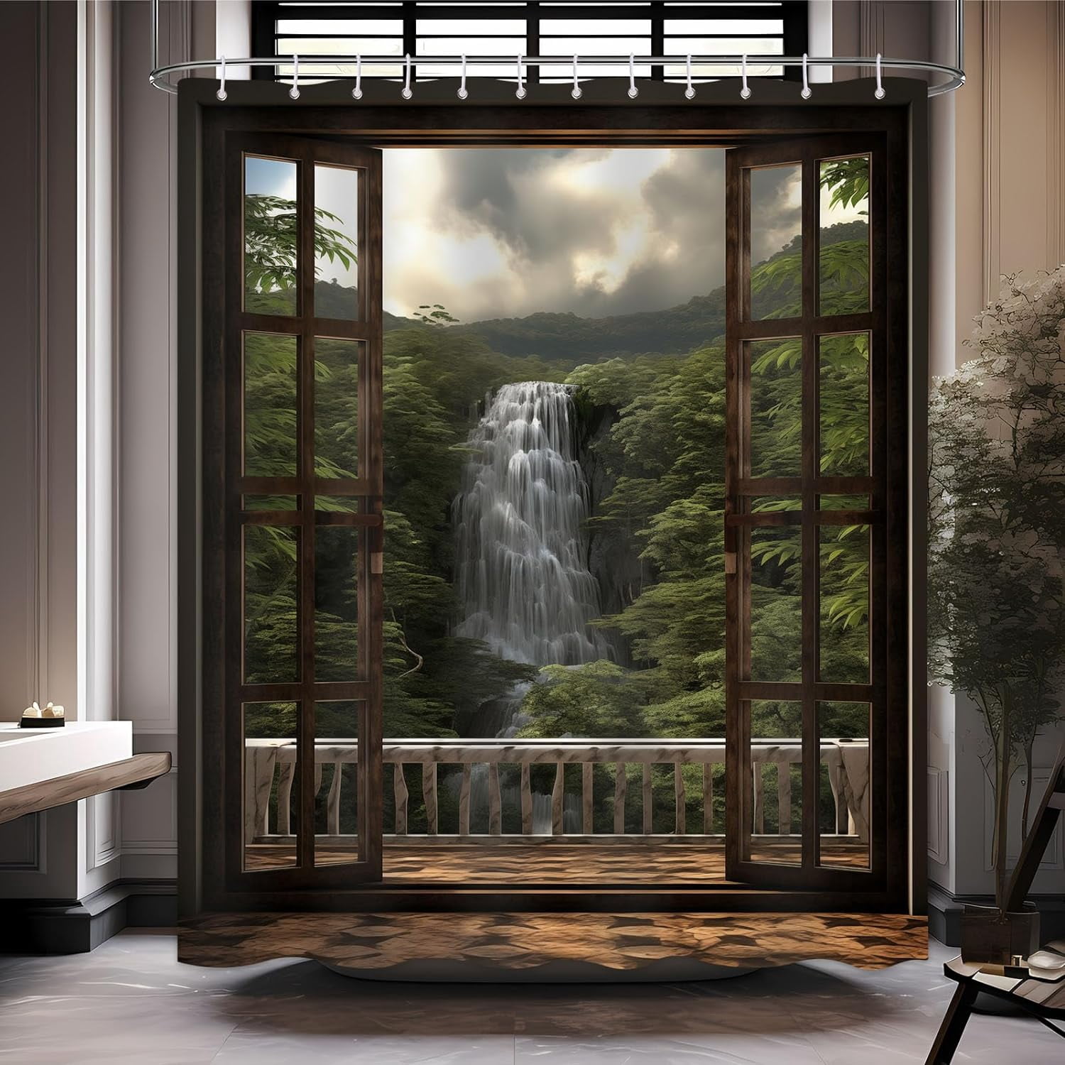 Waterfall Shower Curtain Rown Wooden Window Natural Landscape Shower ...