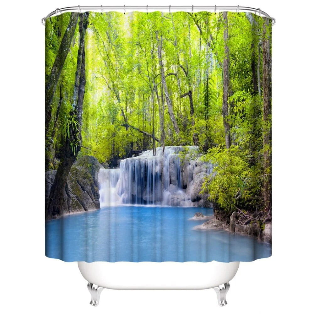 Waterfall Shower Curtain Set Nature Tropical Jungle Tree Forest Falls ...