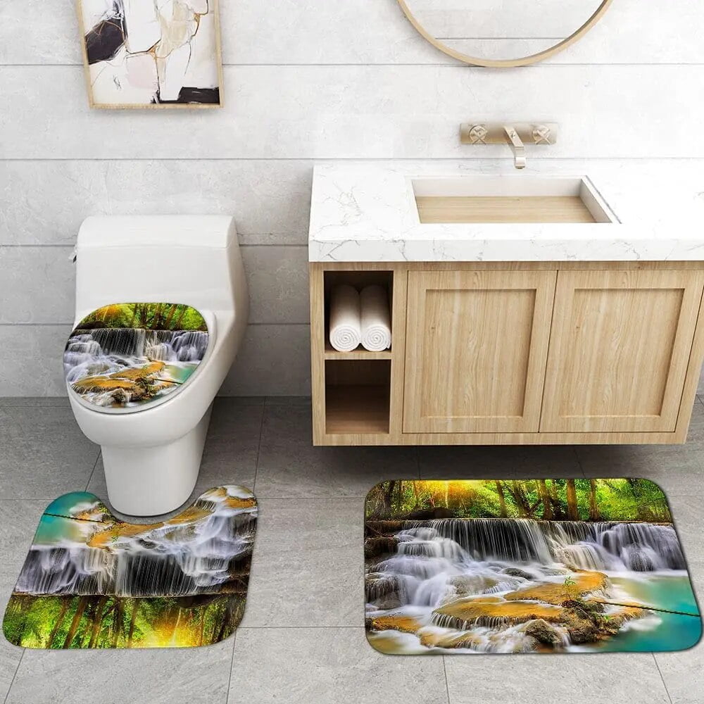 Waterfall Shower Curtain Set Nature Tropical Jungle Tree Forest Falls ...