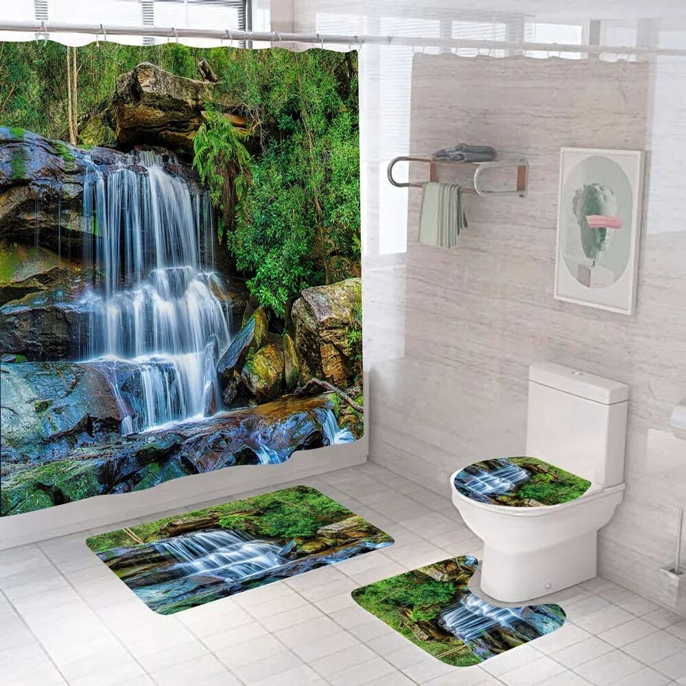 Waterfall Shower Curtain Set Nature Tropical Jungle Tree Forest Falls ...