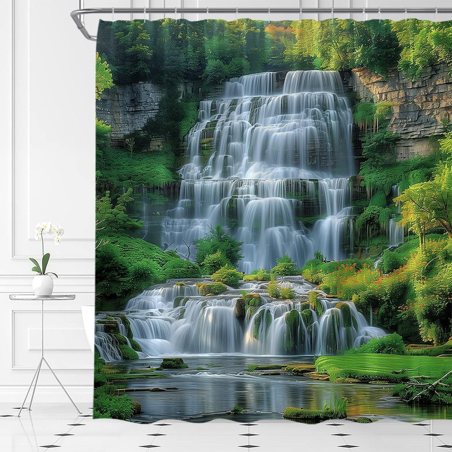 Waterfall Shower Curtain Stone Rainforest Green Forest Plants Rockery ...