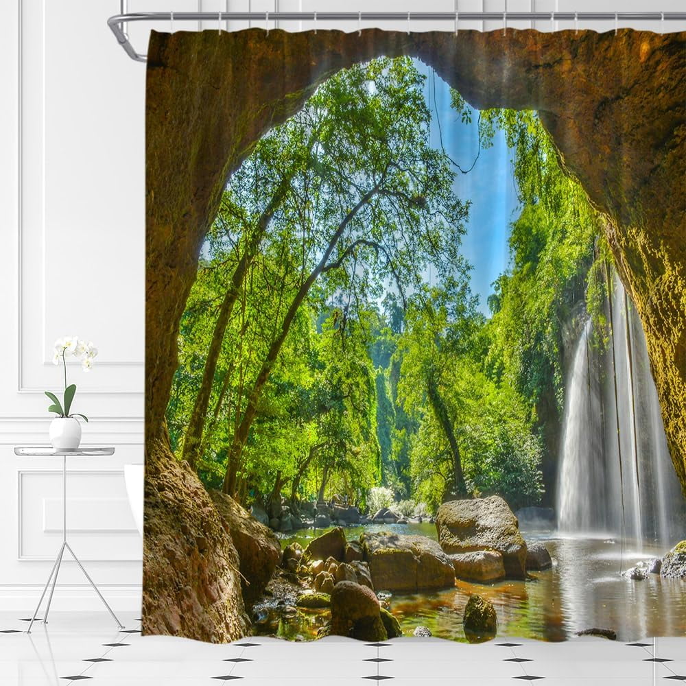 Waterfall Shower Curtain Tropical Cave Waterfall Trees Mountain Outdoor ...