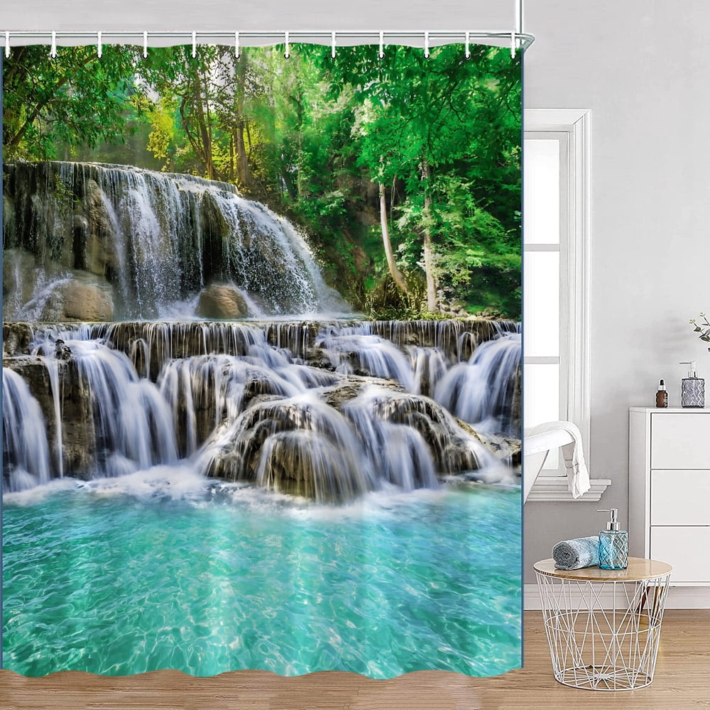 Waterfall Shower Curtains Natural Landscape Green Plants Forest Nature ...