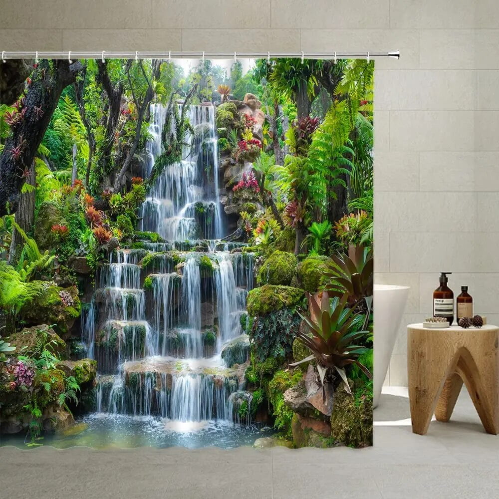 Waterfall Shower Curtains Spring Tropical Green Jungle Primeval Forest ...