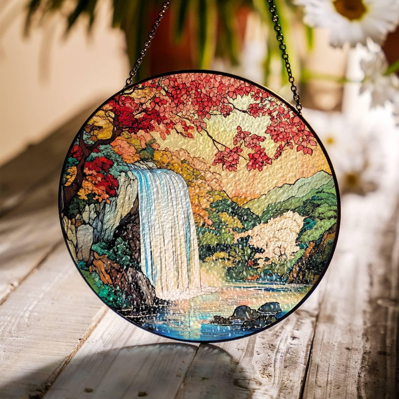 Waterfall Stained Glass SunCatcher Forest Landscape Light Catcher ...