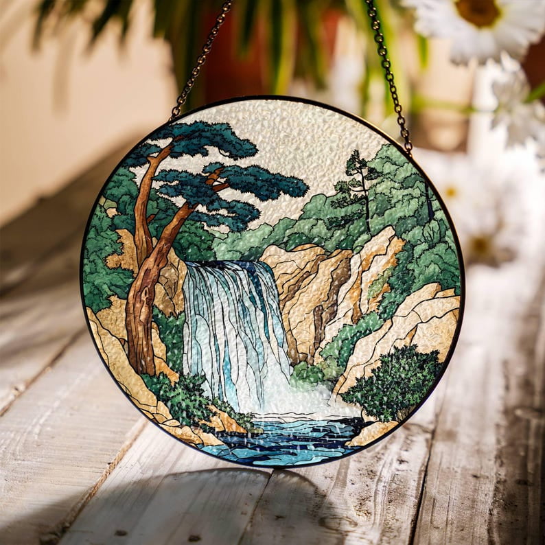 Waterfall Stained Glass SunCatcher Forest Landscape Light Catcher ...