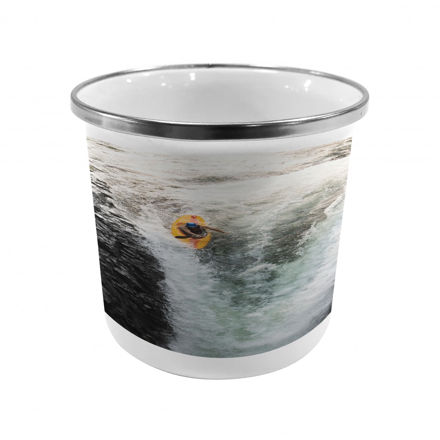 Waterfall Steel Camping Mug, Photo of Man Kayaking in Canoe Flowing ...