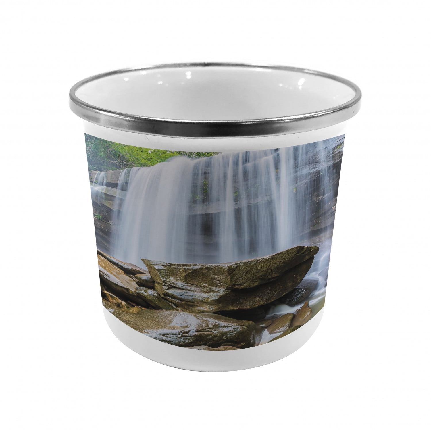 Waterfall Steel Camping Mug, Waterfalls Surrounded by Rocks and ...