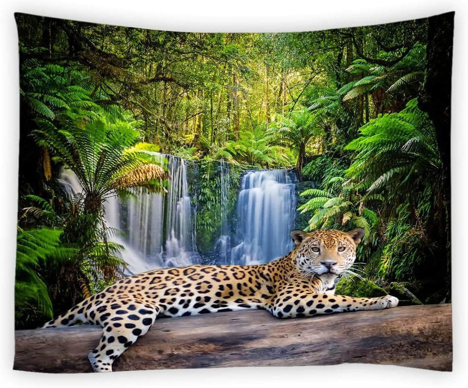 Waterfall Tapestry Green Forest Leopard Rainforest Tropical Jungle ...