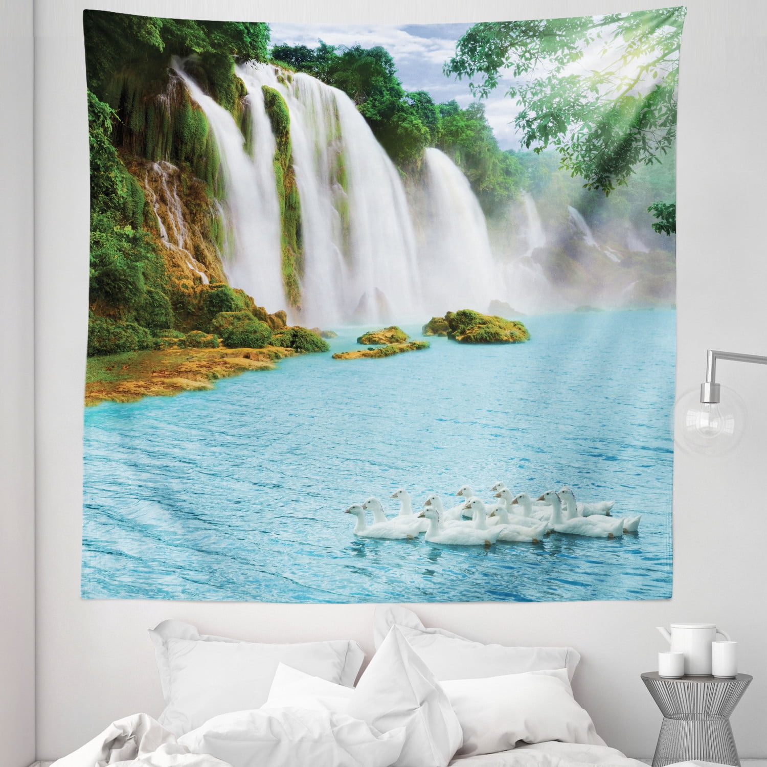 Waterfall Tapestry, Image of a Grand Waterfall with Swans in the Lake ...