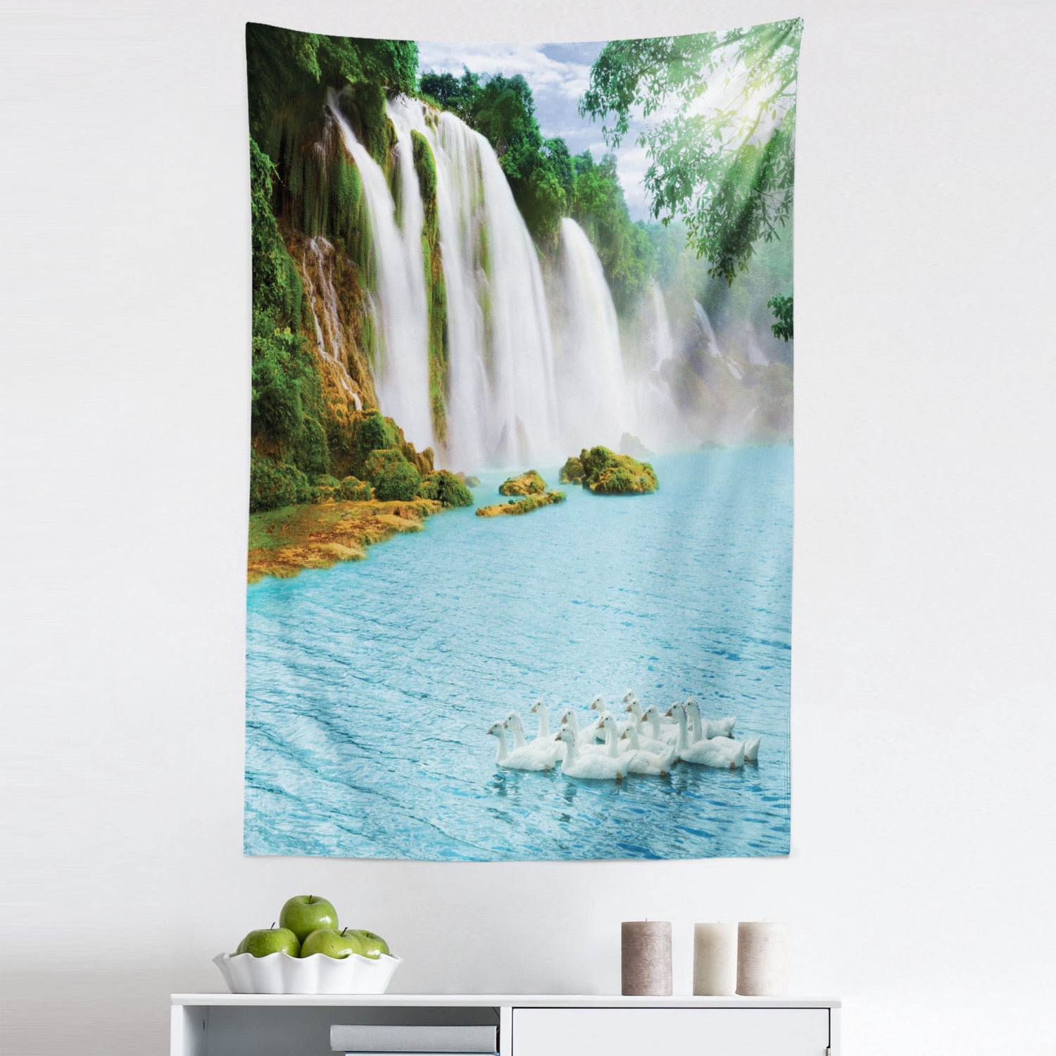 Waterfall Tapestry, Image of a Grand Waterfall with Swans in the Lake ...
