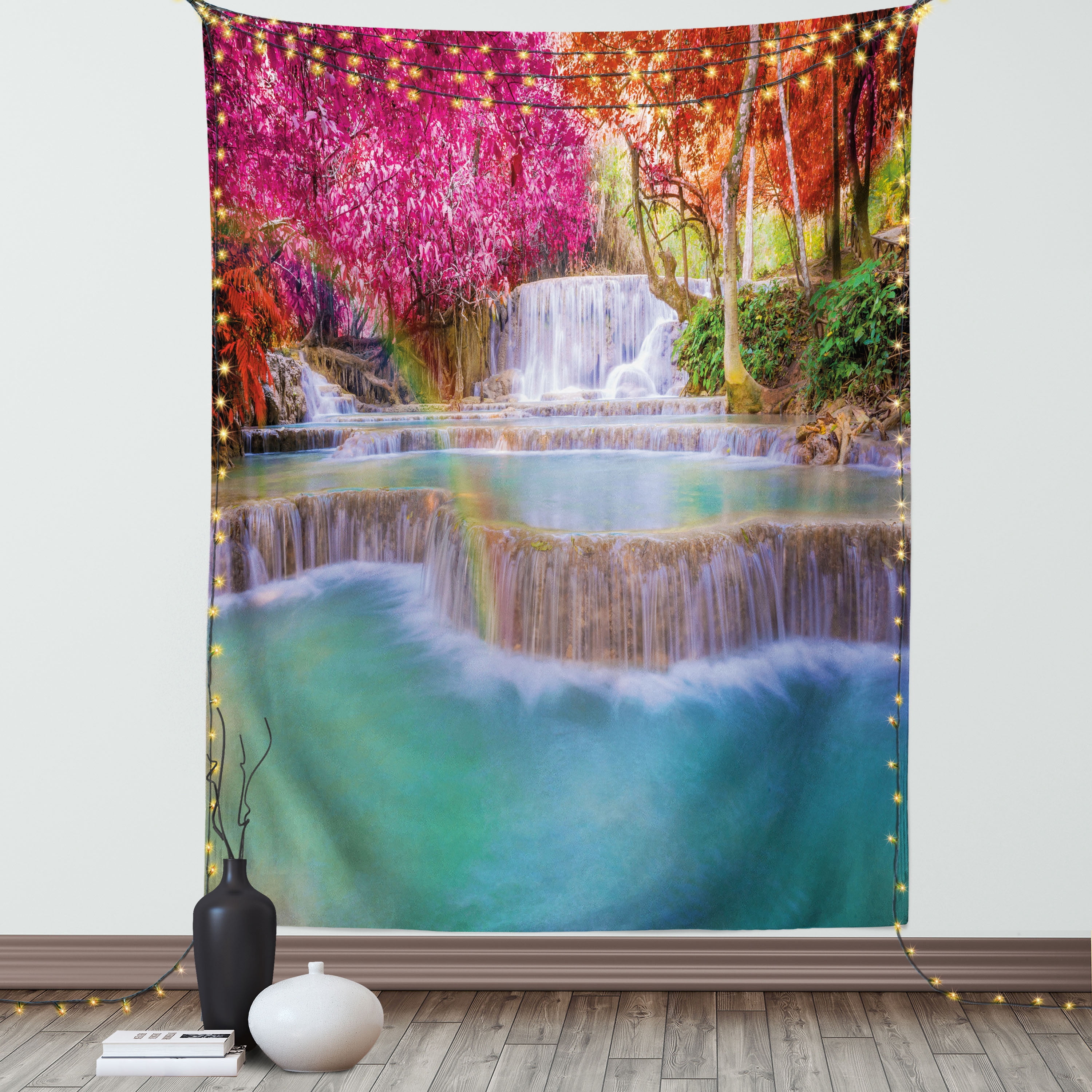 Waterfall Tapestry, Rain Forest in Vietnam Laos with South Asian Pink ...
