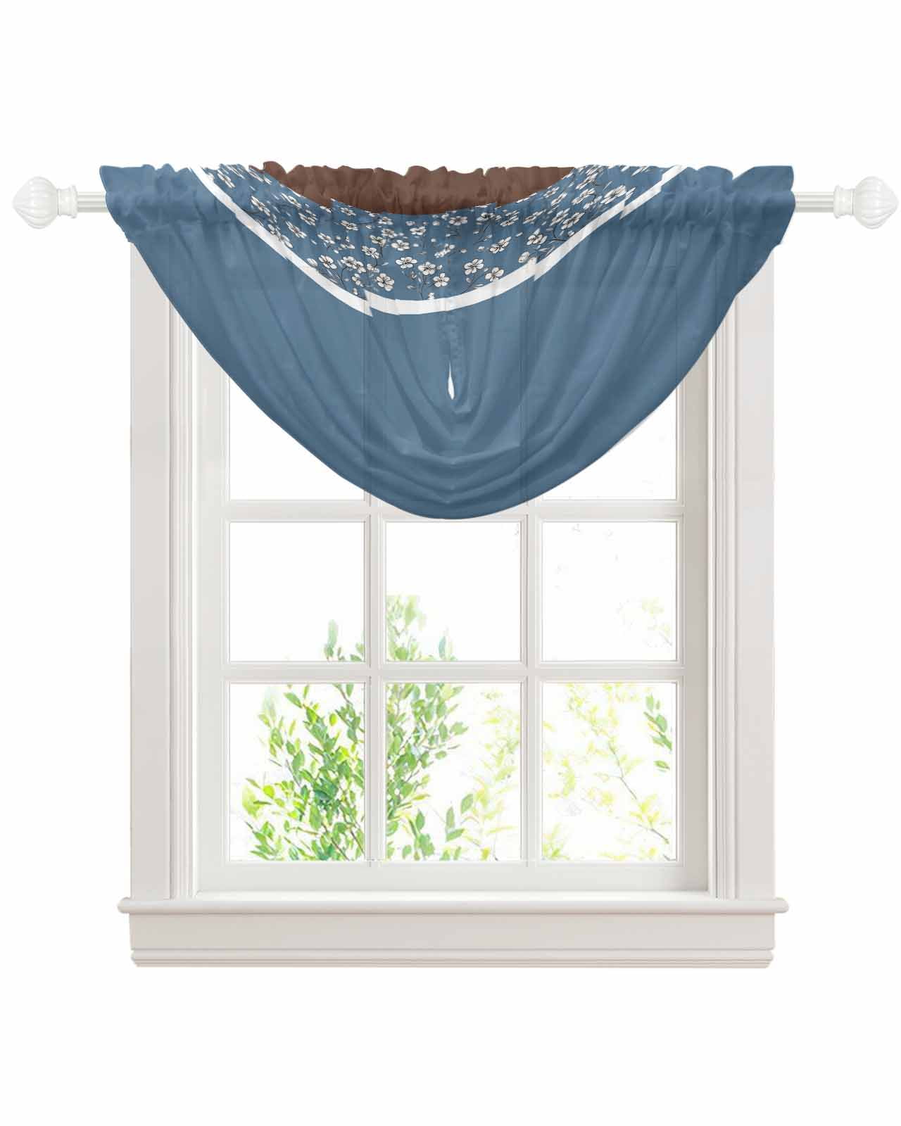 Waterfall Valance Curtains Blue Brown Flowers Sheer Swag Valance for ...