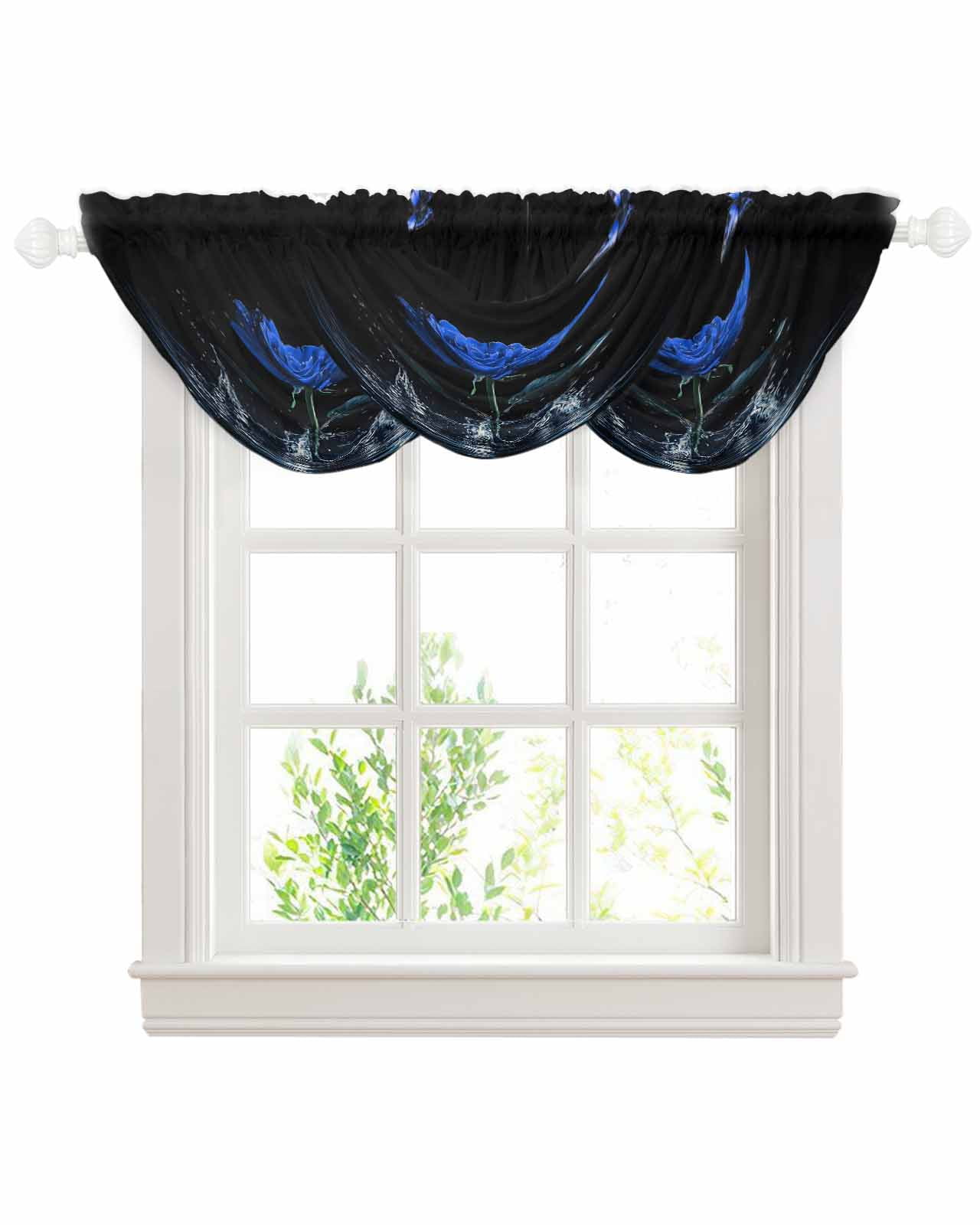 Waterfall Valance Curtains Blue Roses Sheer Swag Valance for Window ...