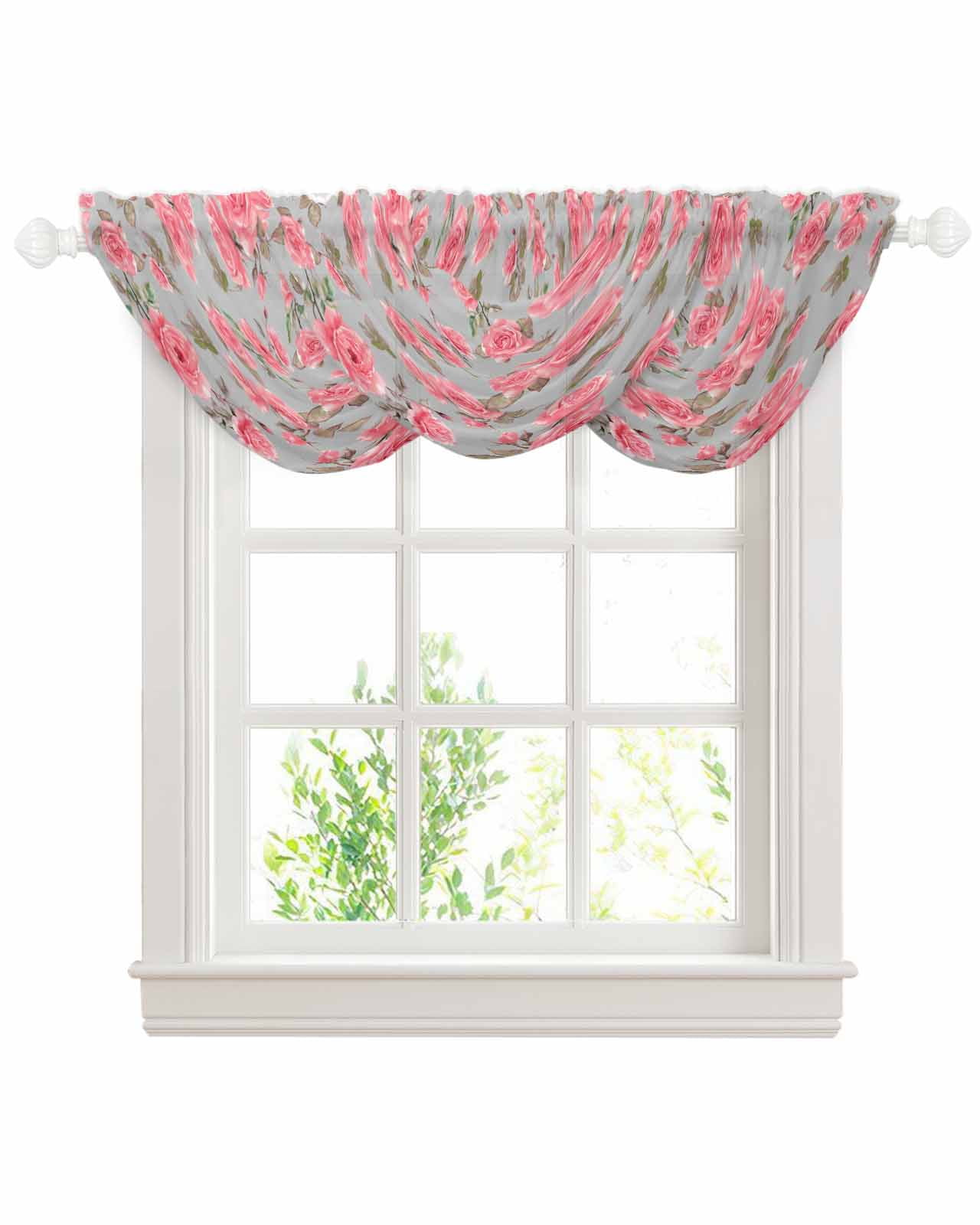 Waterfall Valance Curtains Red Floral Sheer Swag Valance for Window ...