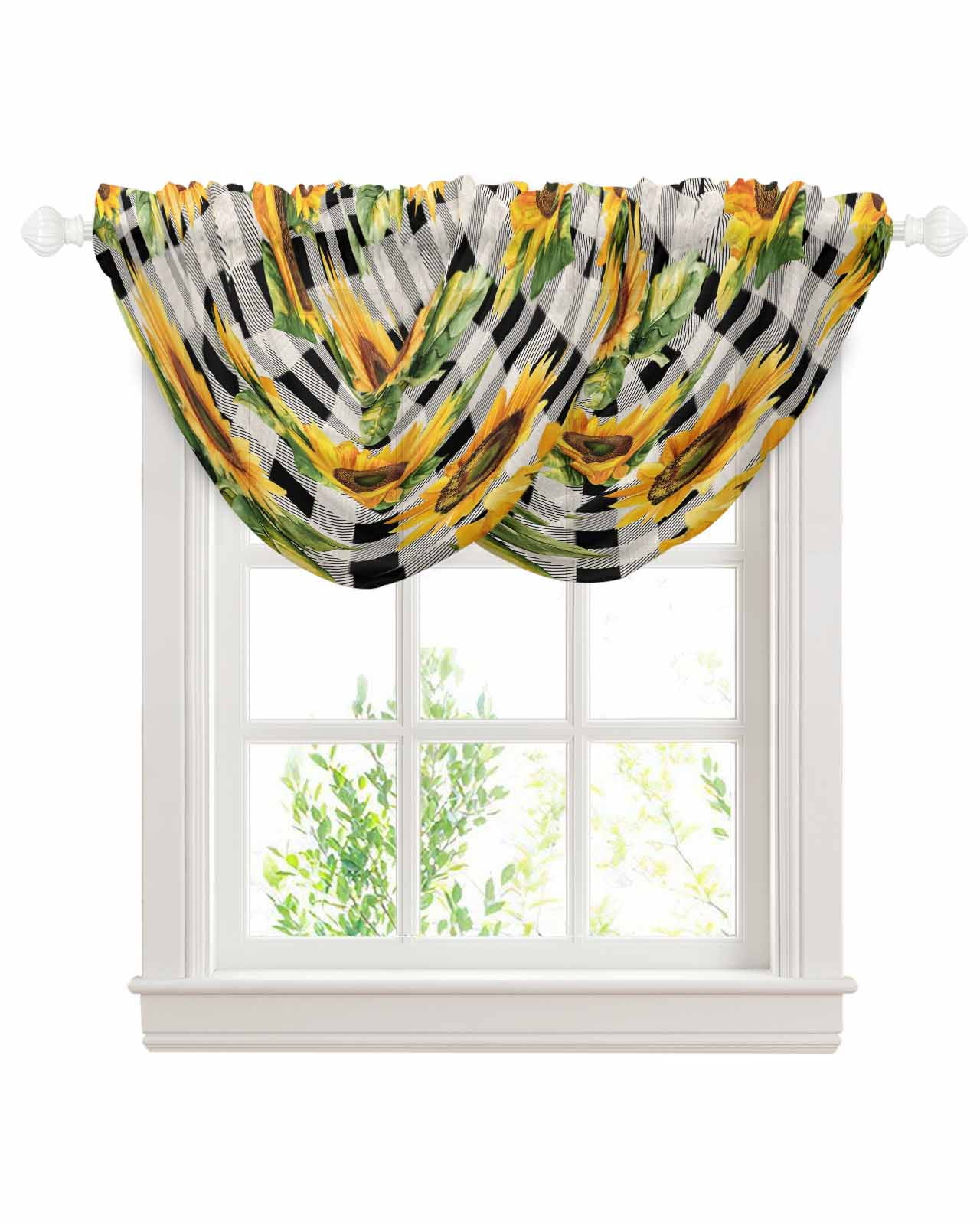 Waterfall Valance Curtains Sunflower Black Check Sheer Swag Valance for ...