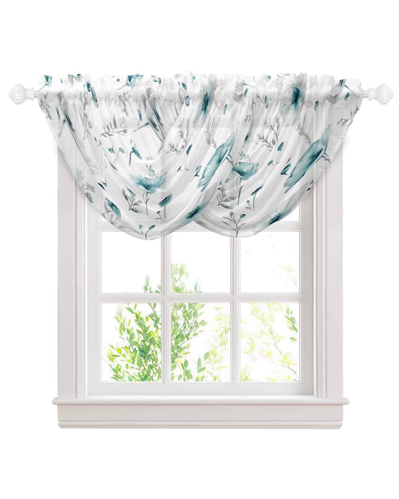 Waterfall Valance Curtains Turquoise Flowers Sheer Swag Valance for ...
