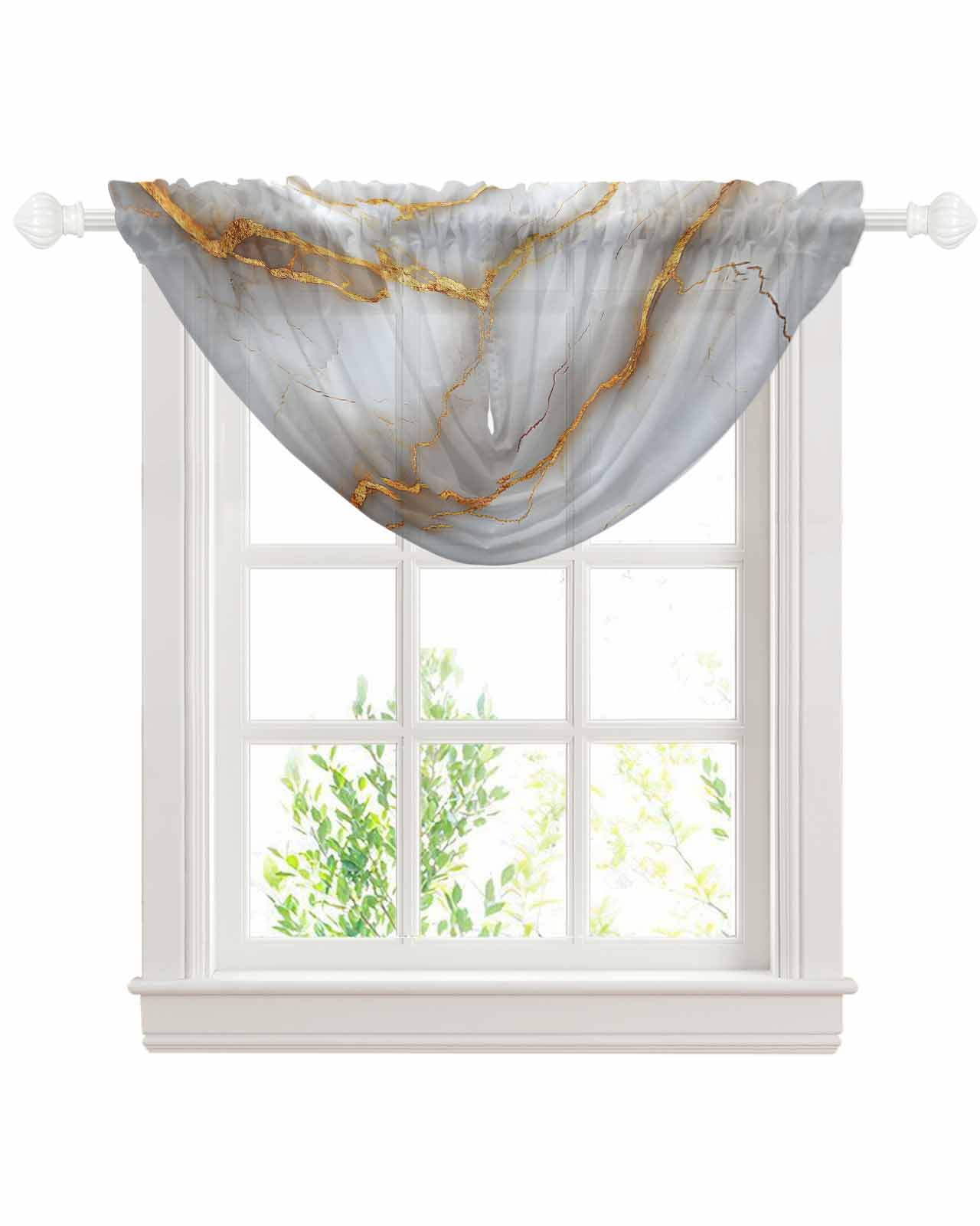 Waterfall Valance Curtains White Gray Marble Sheer Swag Valance for ...