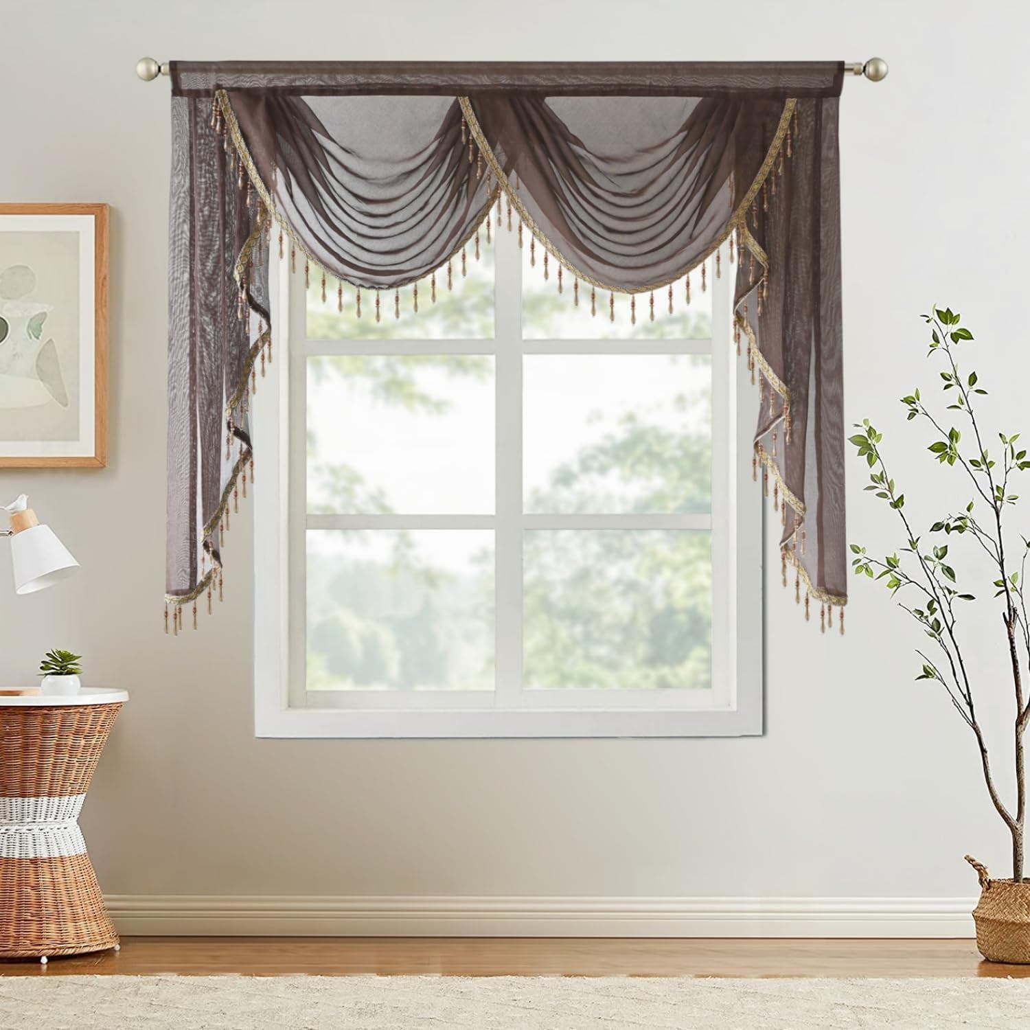 Waterfall Valance Linen Sheer Swags for Living Room Rod Pocket Voile ...