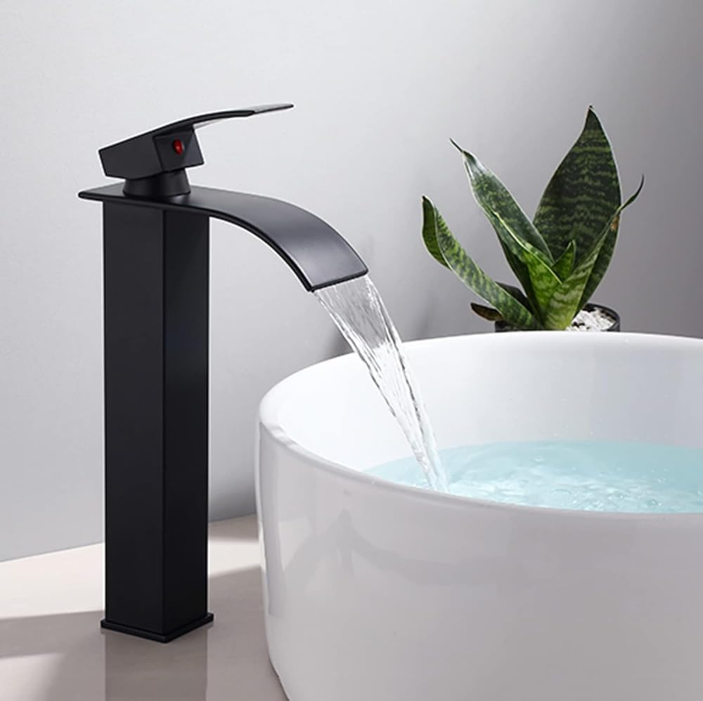 Waterfall Vessel Sink Faucet Black, Tall Basin Mixer Hot and Cold, No ...