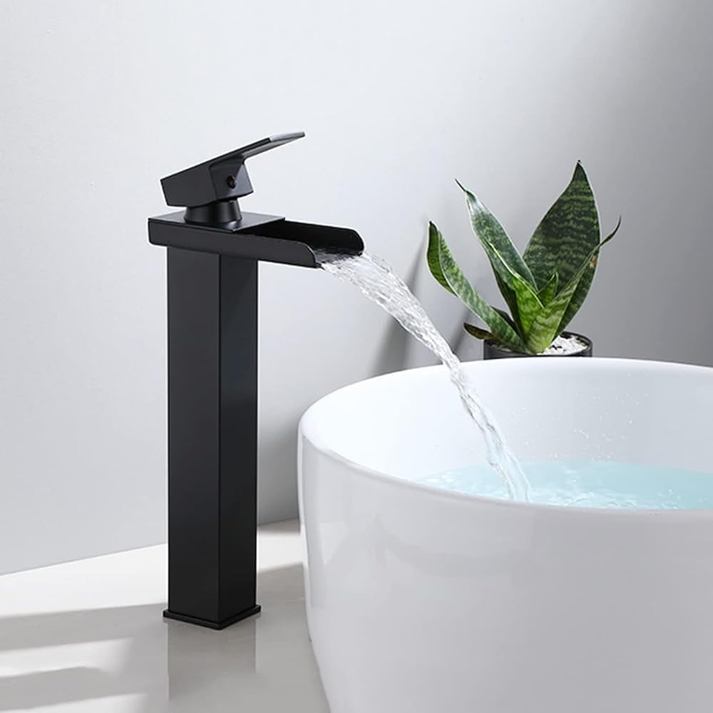 Waterfall Vessel Sink Faucet Black, Tall Basin Mixer Hot and Cold, No ...