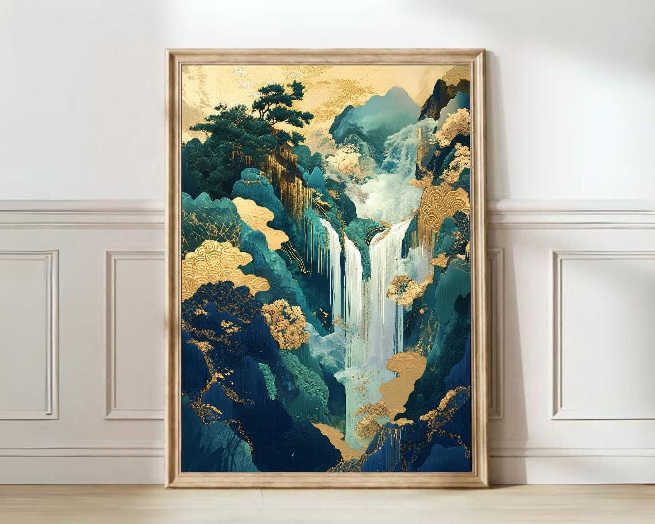 Waterfall Wall Art Japanese Waterfall Hokusai Ukiyo-E Emerald Green ...
