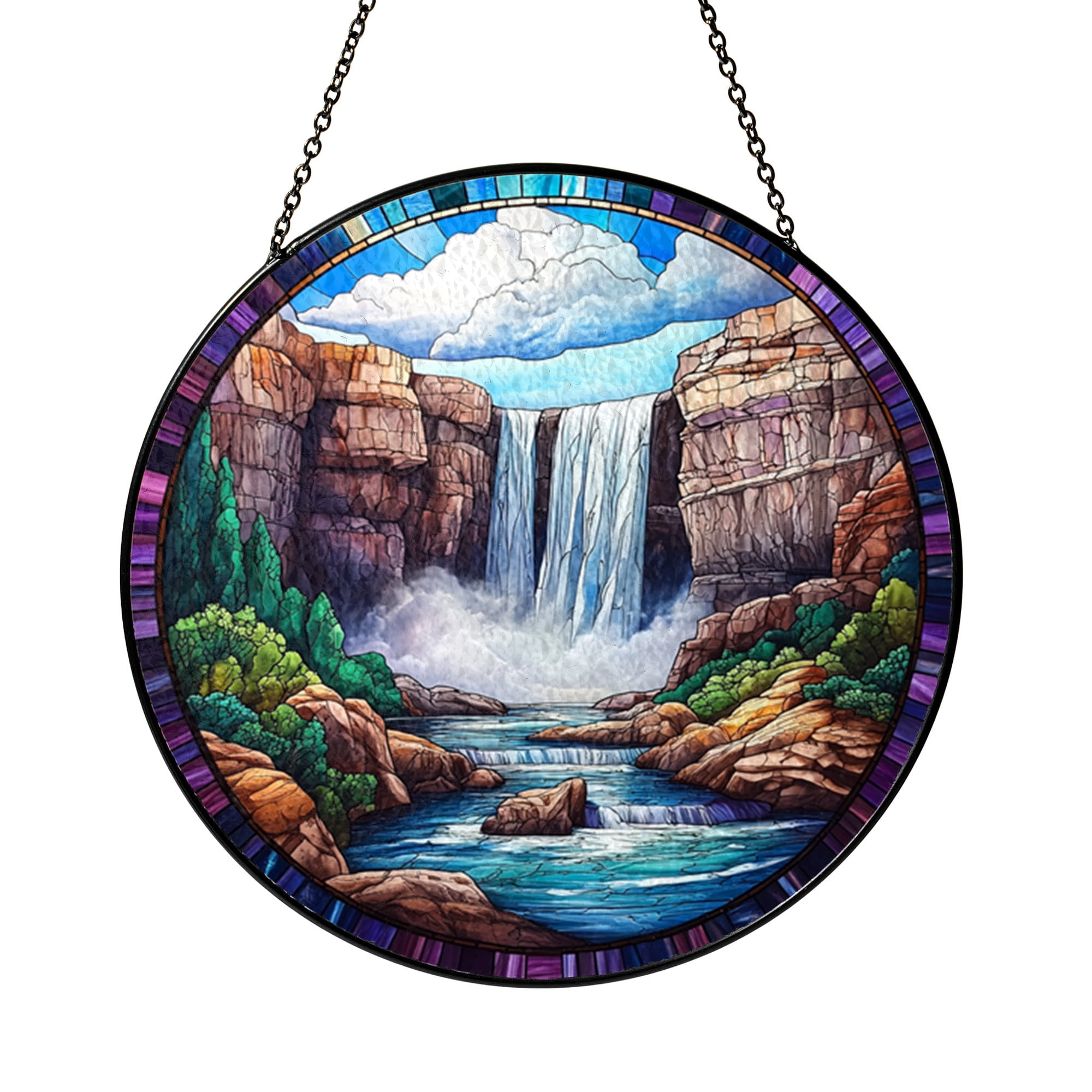 Waterfall Window Hanging Decor, Stained Glass Style Scenic Landscape ...