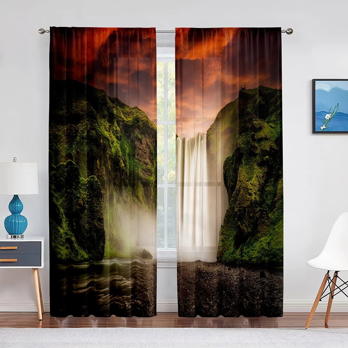 Waterfall with Nature Landscape Theme Forest River Sheer Curtains for ...