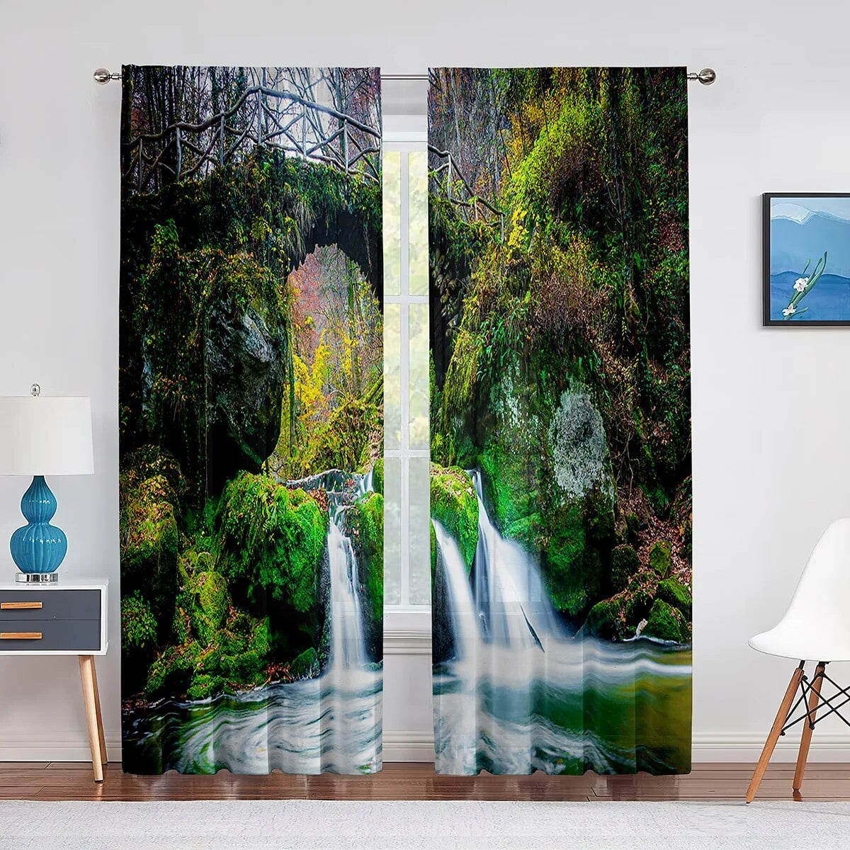 Waterfall with Nature Landscape Theme Forest River Sheer Curtains for ...