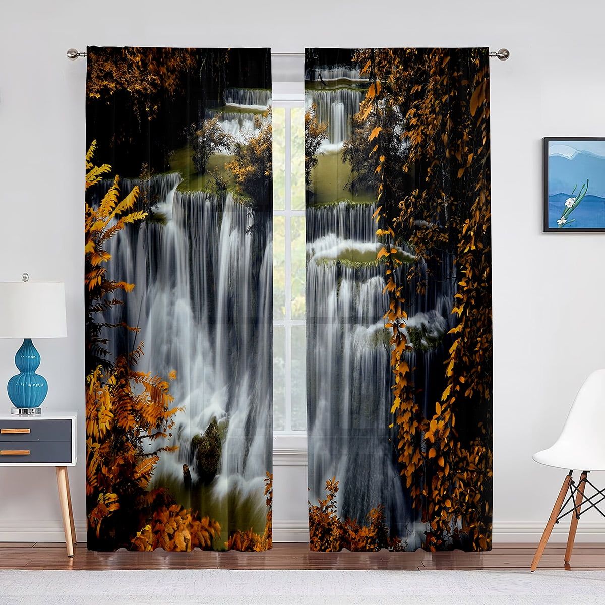 Waterfall with Nature Landscape Theme Forest River Sheer Curtains for ...