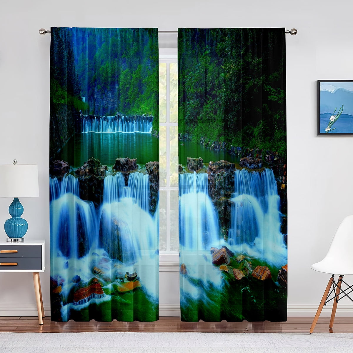 Waterfall with Nature Landscape Theme Forest River Sheer Curtains for ...