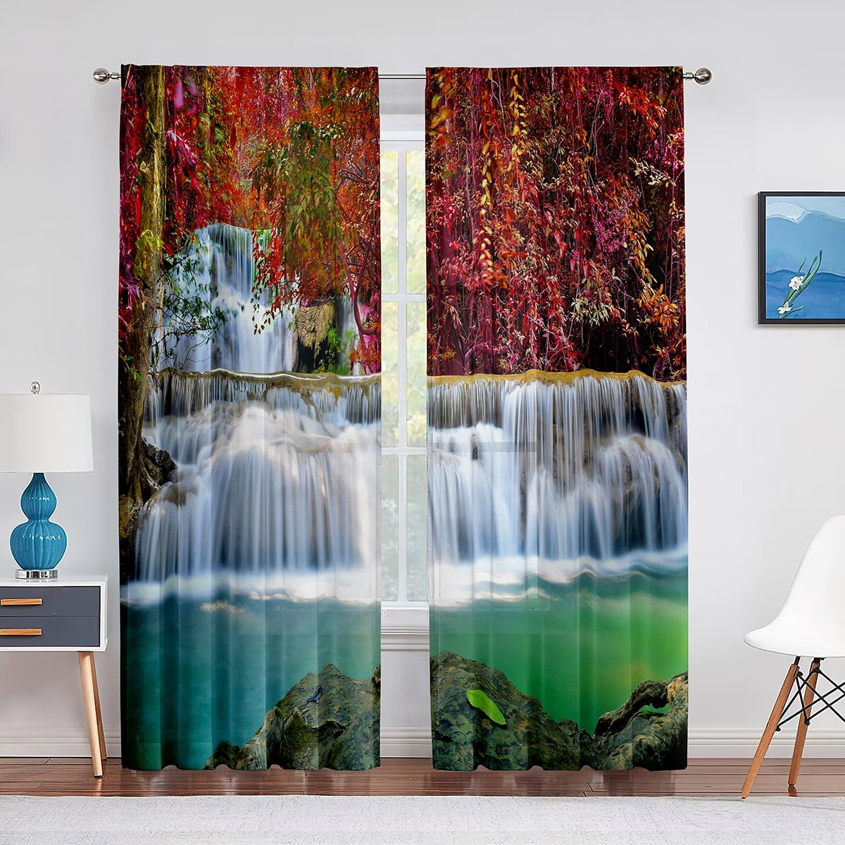 Waterfall with Nature Landscape Theme Forest River Sheer Curtains for ...