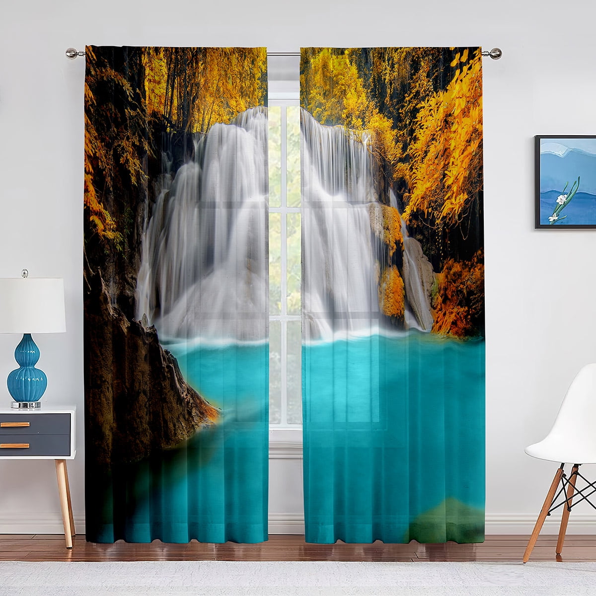 Waterfall with Nature Landscape Theme Forest River Sheer Curtains for ...