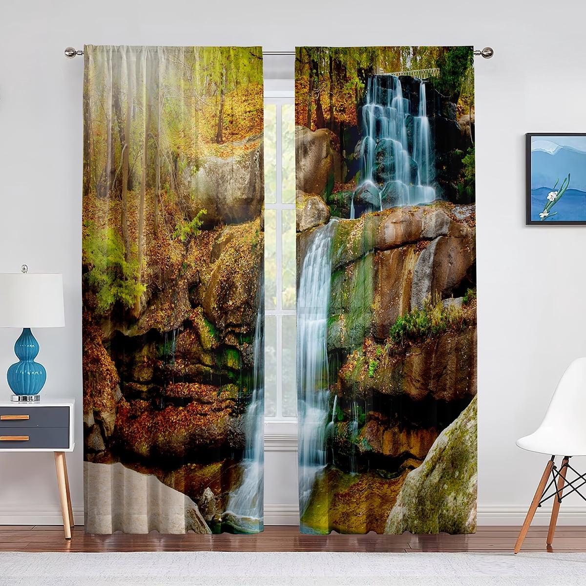 Waterfall with Nature Landscape Theme Forest River Sheer Curtains for ...