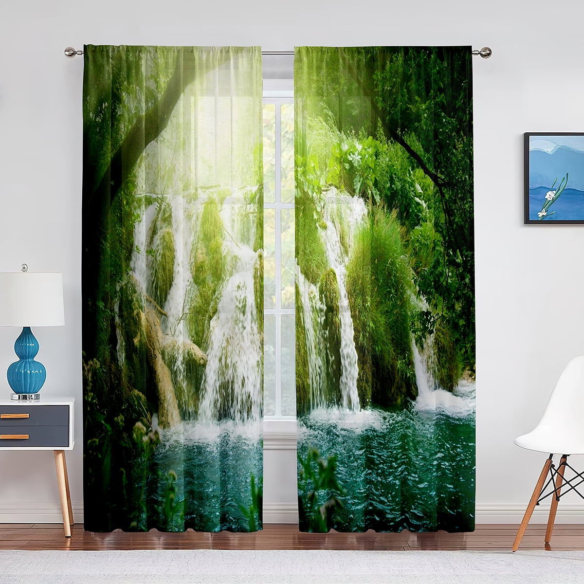 Waterfall with Nature Landscape Theme Forest River Sheer Curtains for ...