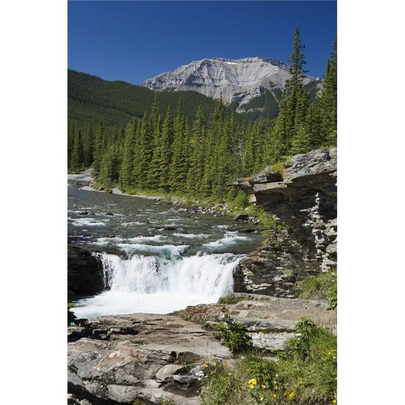 Waterfalls with Rock Ledge & Mountain In The Background - Alberta ...