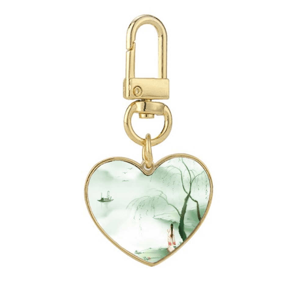 Waterfront Sadness Chinese Style Watercolor Gold Heart Keychain Metal ...