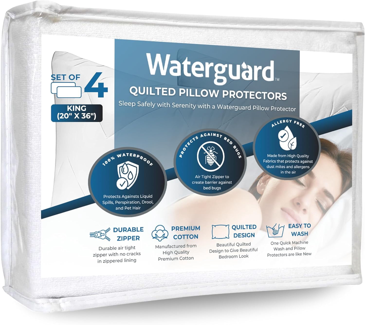 Waterguard Waterproof Pillow Protectors Bed Bug Control, Zippered ...