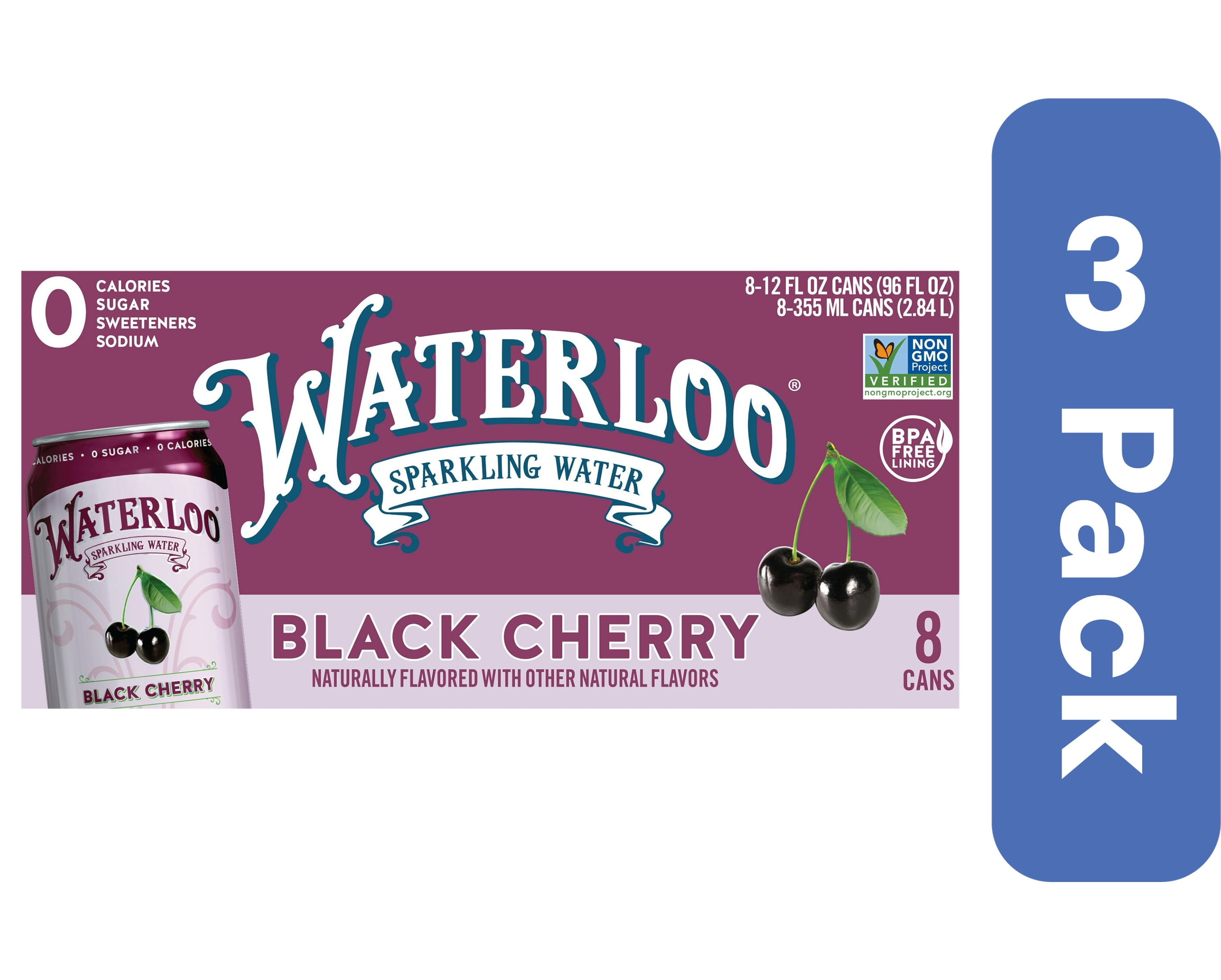Waterloo Sparkling Water Black Cherry 96 fl oz (Pack of 3) - Walmart.com