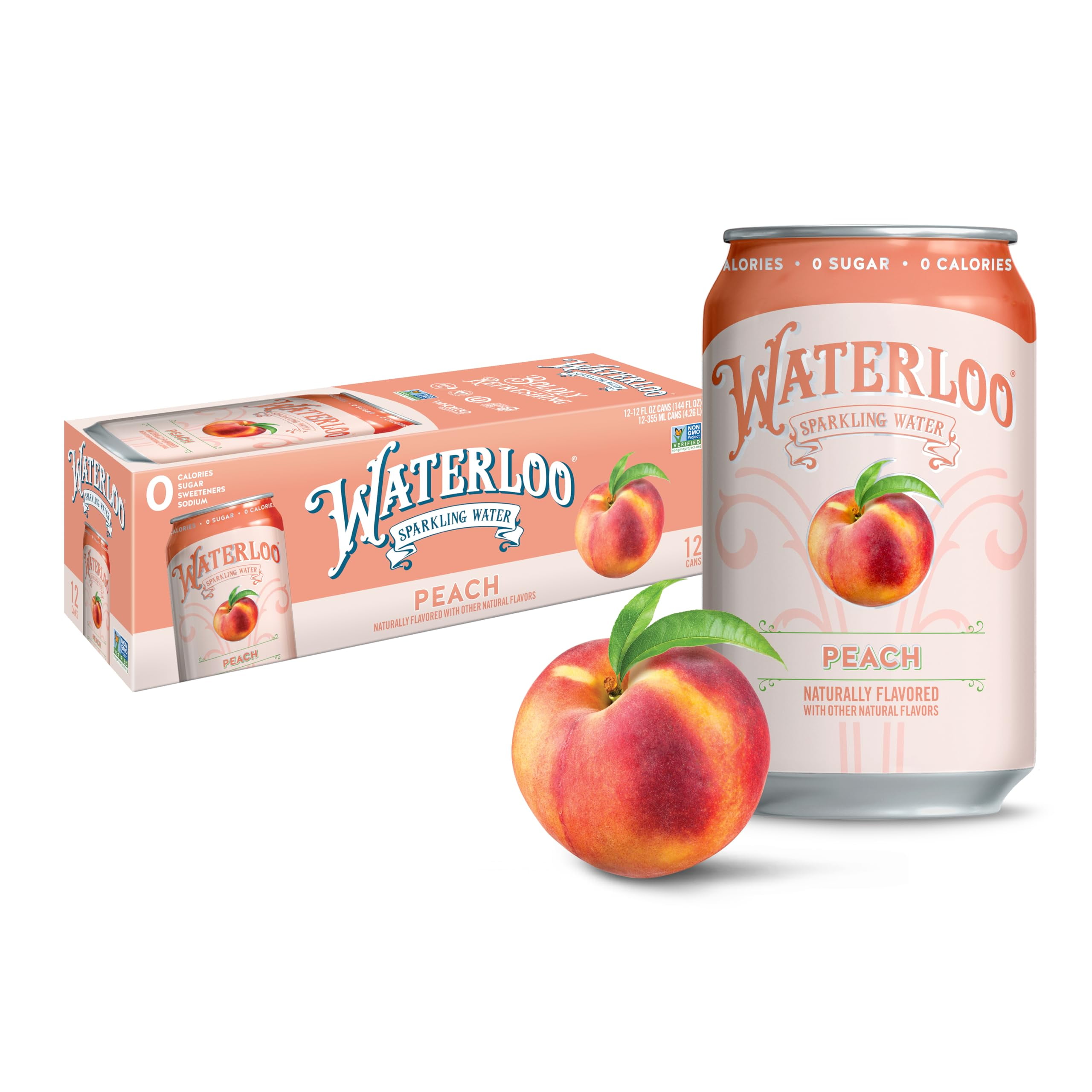 Waterloo Sparkling Water, SCH4 Peach Naturally Flavored, 12 Fl Oz Cans ...