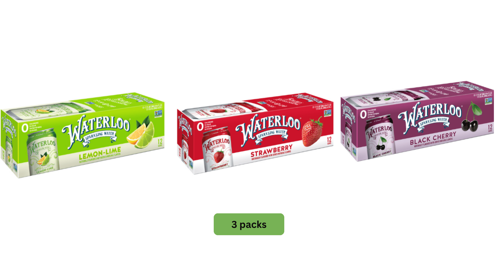 Waterloo Sparkling Water Variety Pack, Lemon-Lime, Strawberry & Black ...