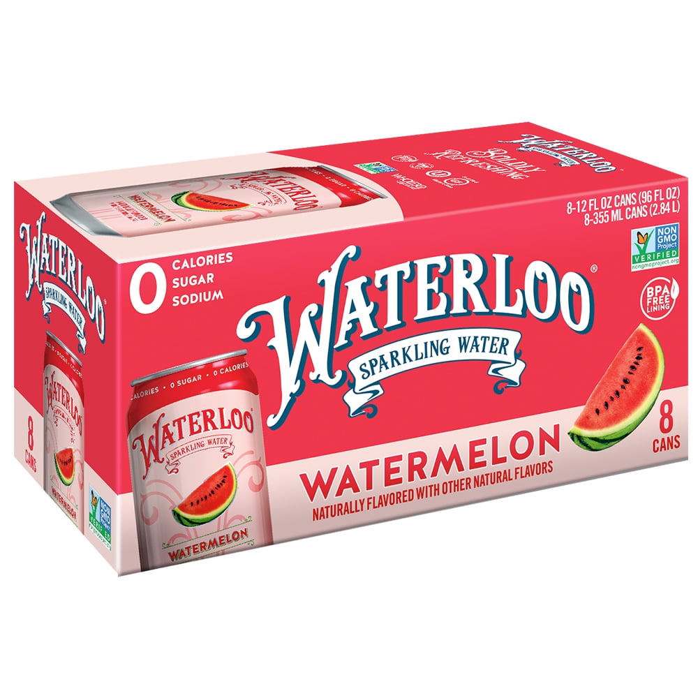 Waterloo Sparkling Water Watermelon 12 fl oz Cans 8 Pack Zero Sugar and ...