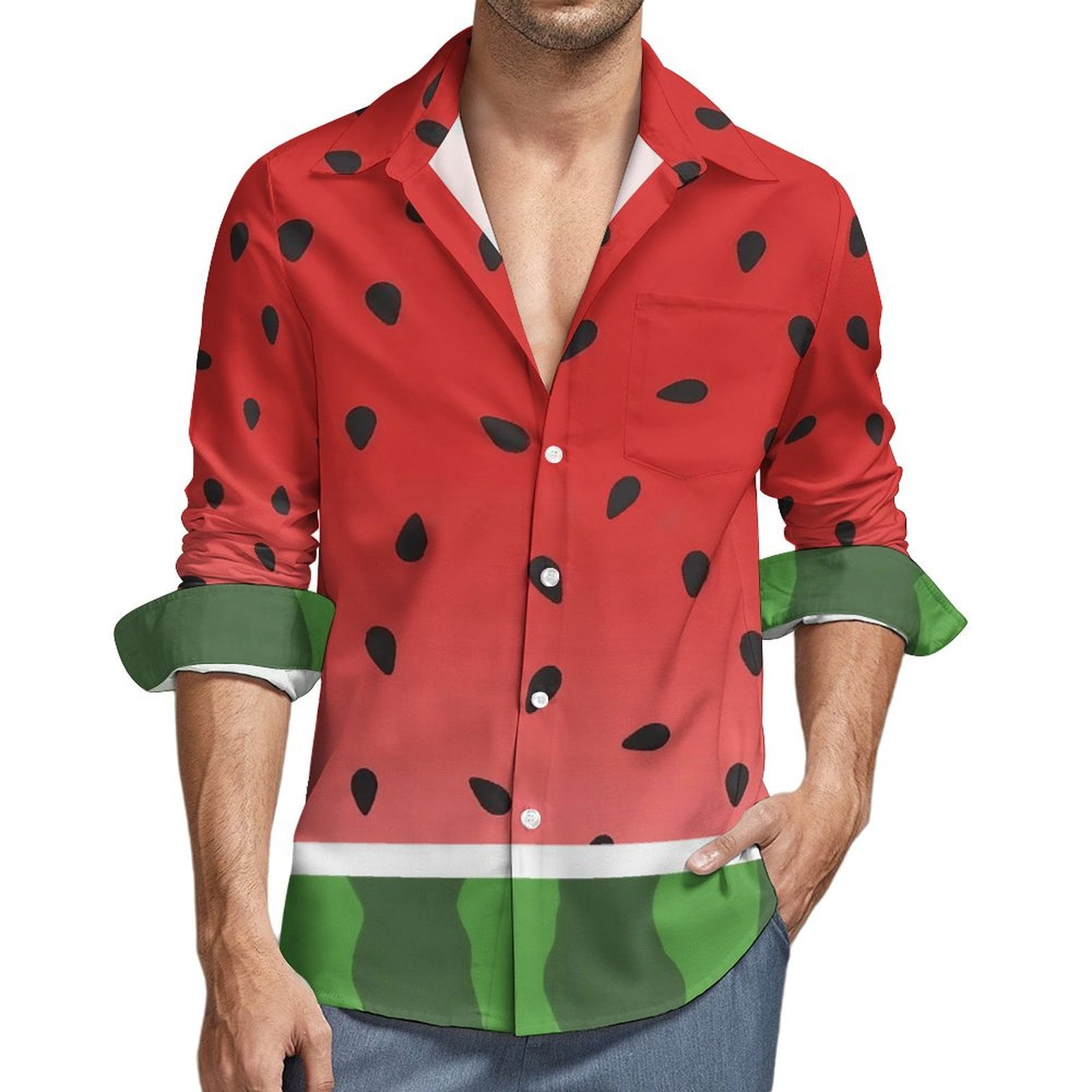 Watermelon Background with Seed Hawaiian Shirt for Men Long Sleeve ...