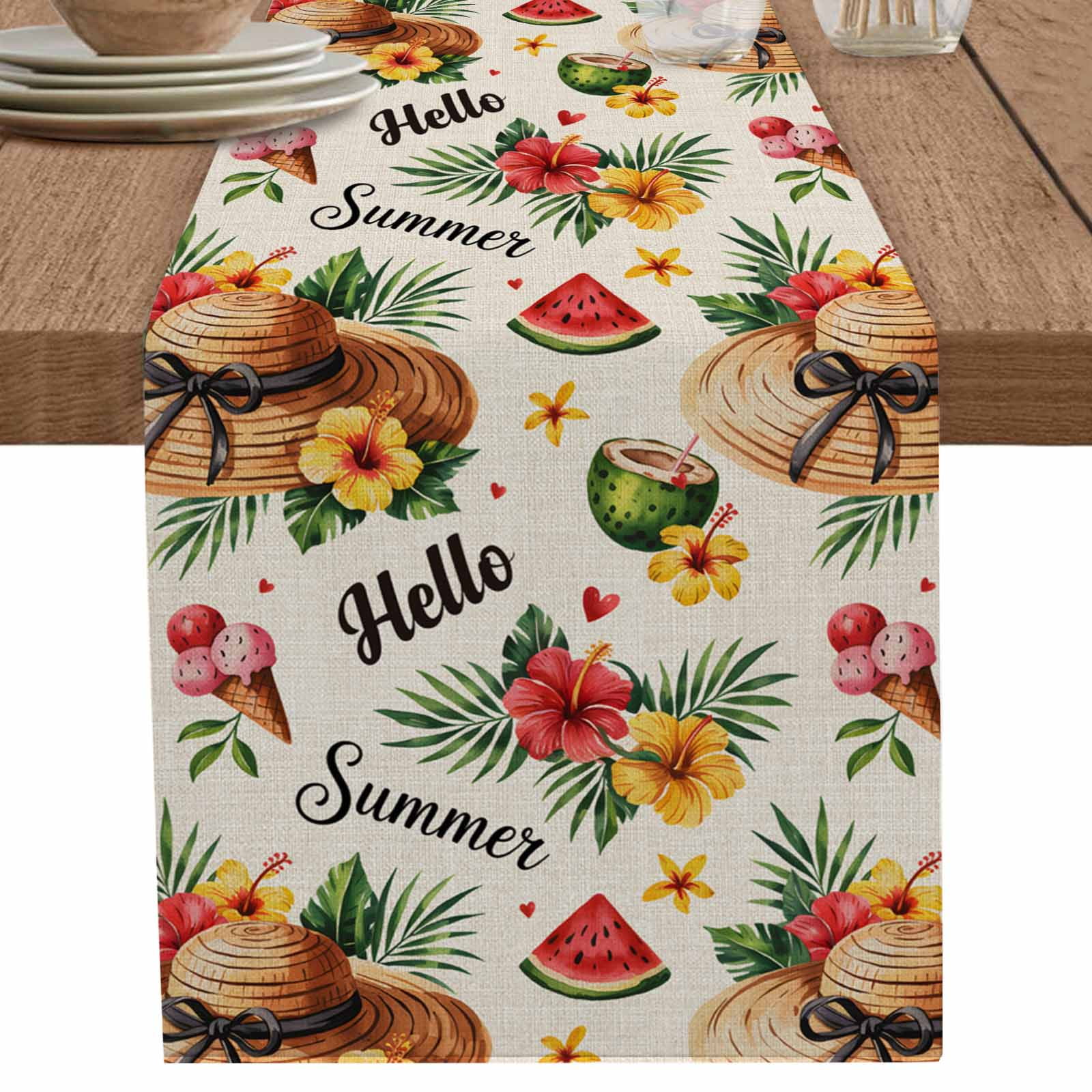 Watermelon Coconut Straw Hat on Linen Table Runner-36 Inch Long Summer ...
